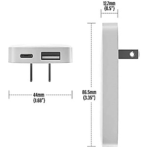 (3 Pack) Flat Type C Wall Charger, Galvanox Ultra Slim Dual Port USB-C/USB-A Multi Port Travel Plug, Low Profile Power Adapter (Fast Charging 20W)