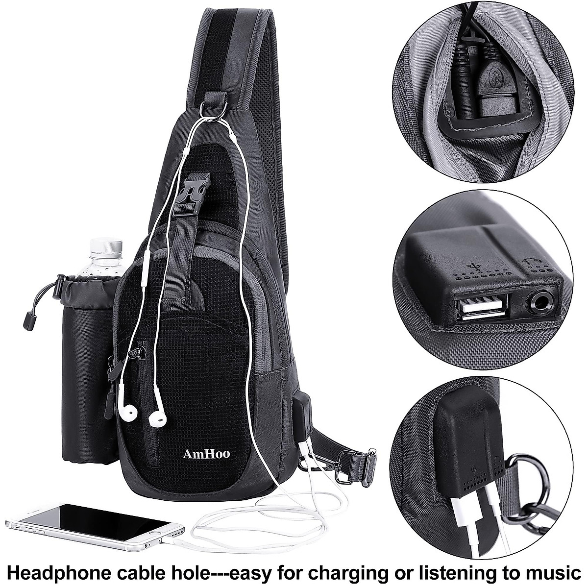 AmHoo Sling Backpack Chest Shoudler Crossbody Bag Water Resistant Hiking Daypack Small Black