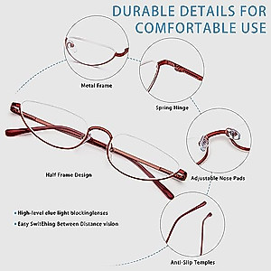 KoKoBin Half Reading Glasses for Men Women,Half Moon Metal Frame Lens Spring Hinge Readers, Purple+Red 3.00