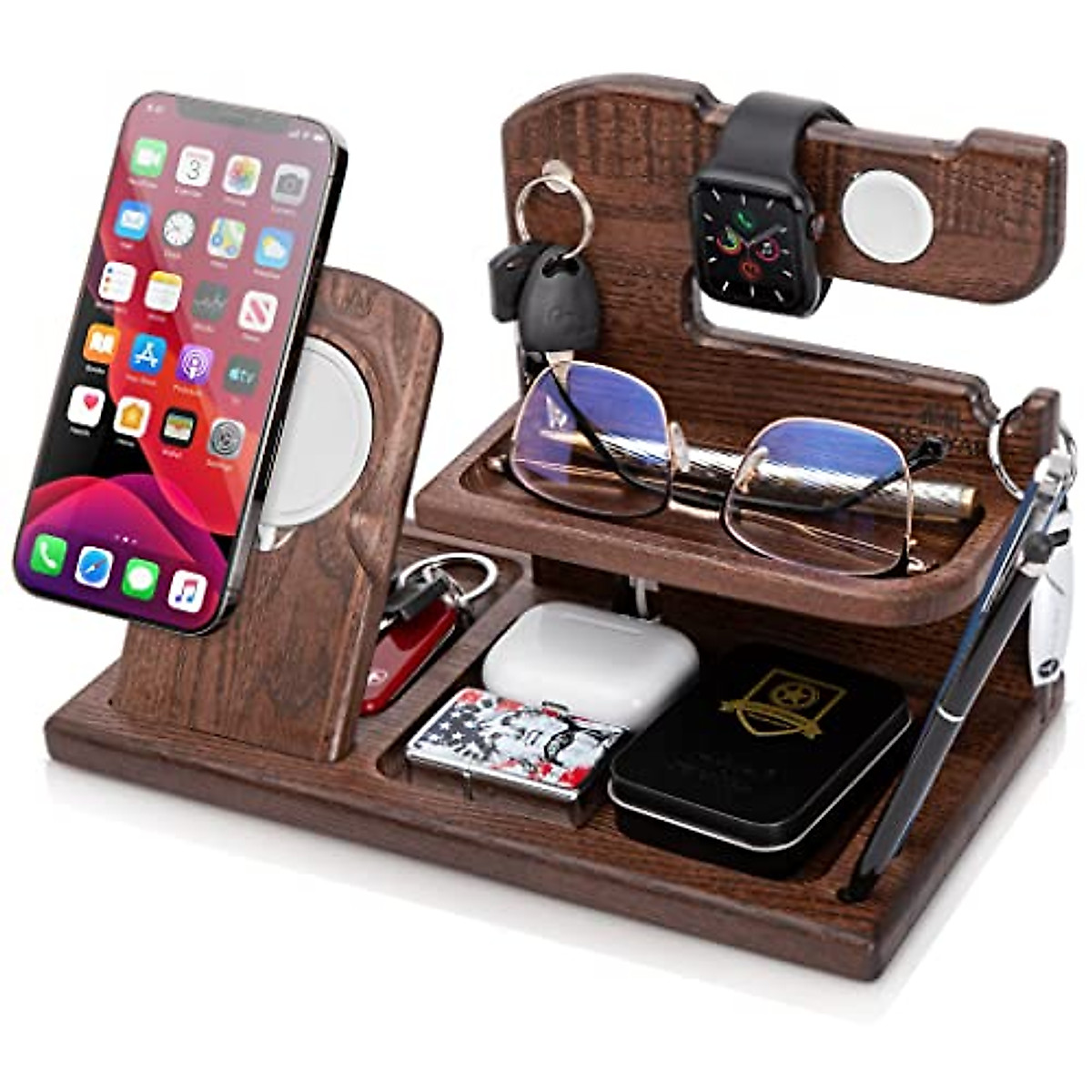 TESLYAR Wood Phone Docking Station Charger Xmas Gifts for Men or Dad for Husband Birthday Wife Nightstand Organizer Key Holder Wallet Solid Ash