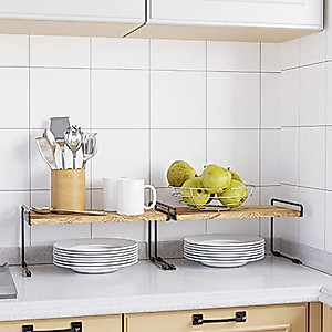 SpaceAid Cabinet Shelf Organizers 2 Pack, Kitchen Counter Organizer Rack Under Shelves Riser, Pantry Cupboard Storage Organization, Metal and Wood, Black and Natural, 16" Wide