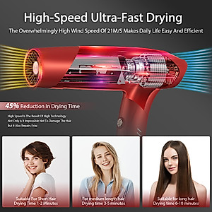 Hair Dryer, 110000 RPM Professional Positive and Negative Ionic Blow Dryer Brushless Motor for Fast Drying Low Noise, 3 Speed/4 Temperature with Magnetic Nozzle for Home, Travel, Salon