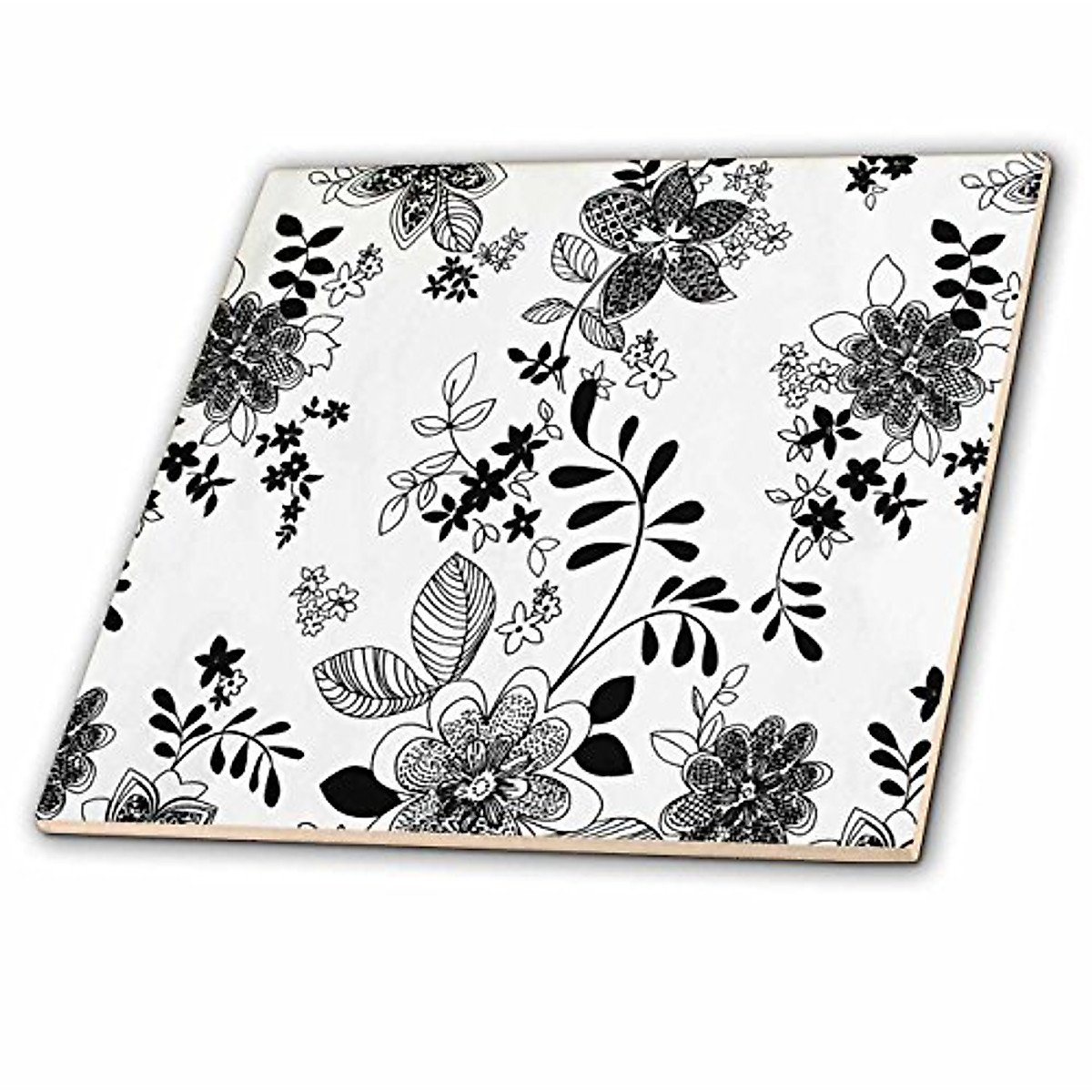 3dRose ct_11074_1 Black and White Floral Ceramic Tile, 4"