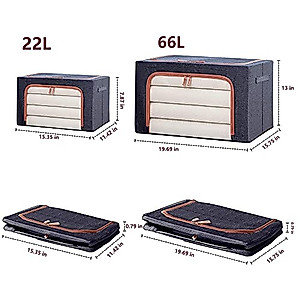 Foldable Clothes Storage Bins 2 Pack,Metal Frame Clothing Storage Box with Reinforced Handle, Stackable Thick Linen Fabric Closet Organizer Set with Clear Windows, Sturdy Zippers, Blue(19.7x15.7x13in)