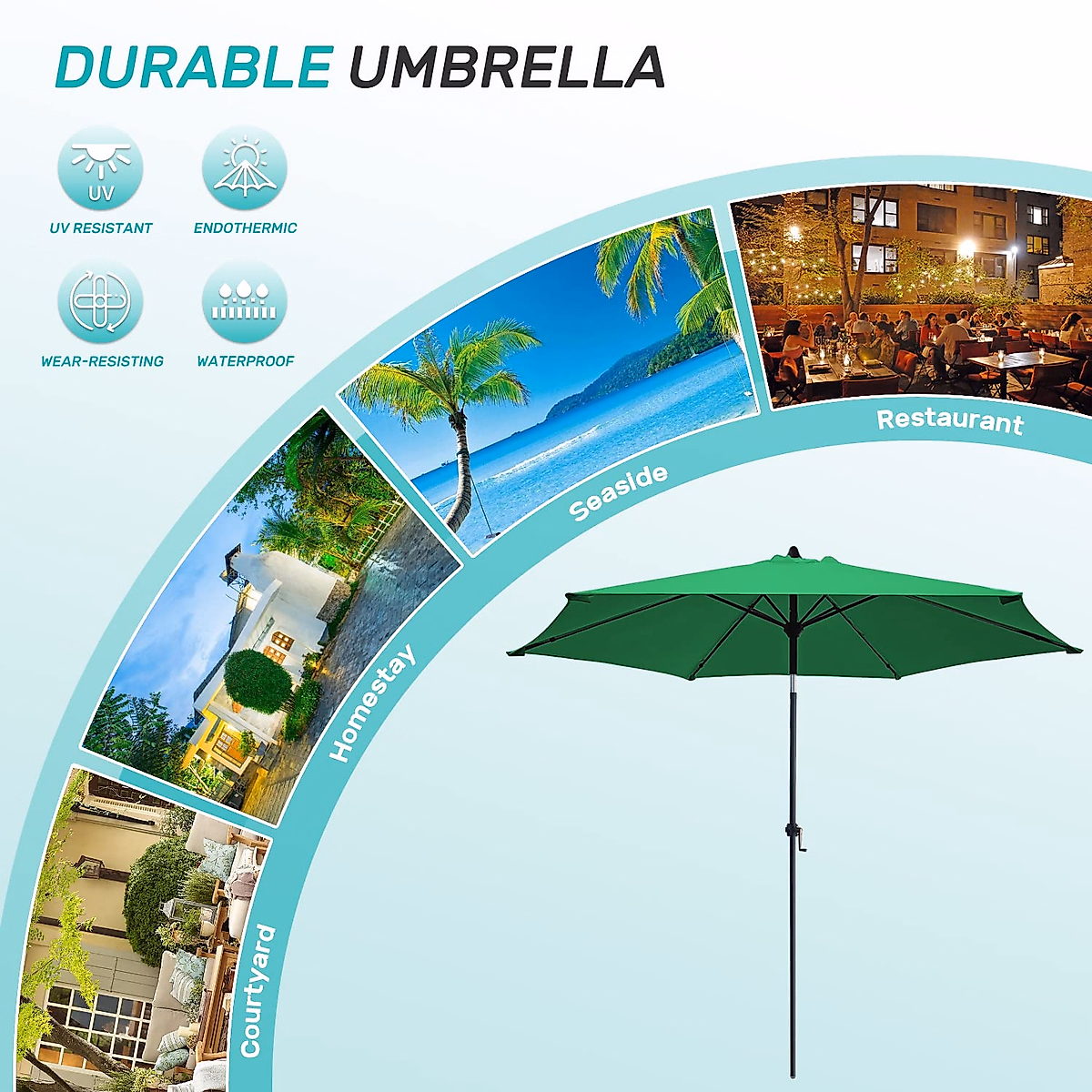 HIPPUS Led Patio Umbrellas 9FT Umbrella Outdoor Patio,with Colour LED Lights, Waterproof,Premium Table Umbrella Outdoor Patio,6 Steel Ribs, Dark Green