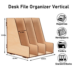 GJMZZG Rustic Magazine File Holders, Wood Vertical Document Folder Binder Storage Organizer 3 Compartment, Wooden Open Magazine Organizer for Home Office, School