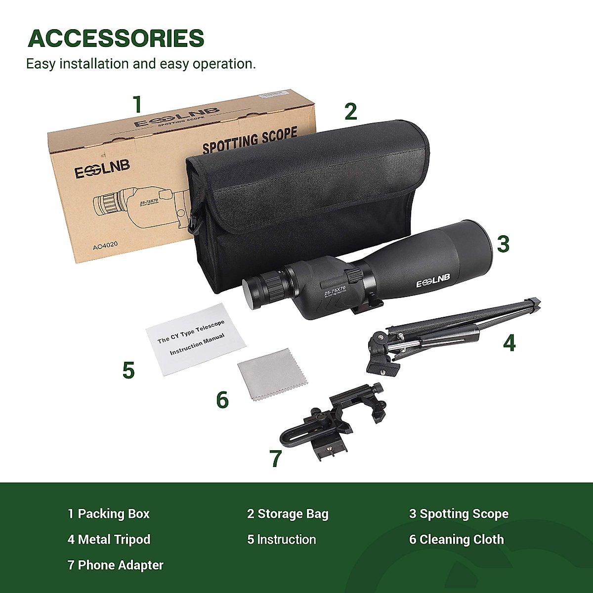 ESSLNB Spotting Scope with Tripod and Phone Adapter BAK4 25-75X70 FMC Target Spotting Scope for Hunting Straight Spotting Scope for Target Shooting Bird Watching