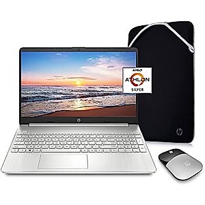 HP 15.6" HD Laptop Computer 2022, AMD Athlon Silver 3050U (Beats i3-7100U) Up to 3.2GHz, 16GB RAM, 256GB SSD, Webcam, USB-C, Wins 10 W/ 1 Year of Microsoft365, Mouse, Sleeve, Silver