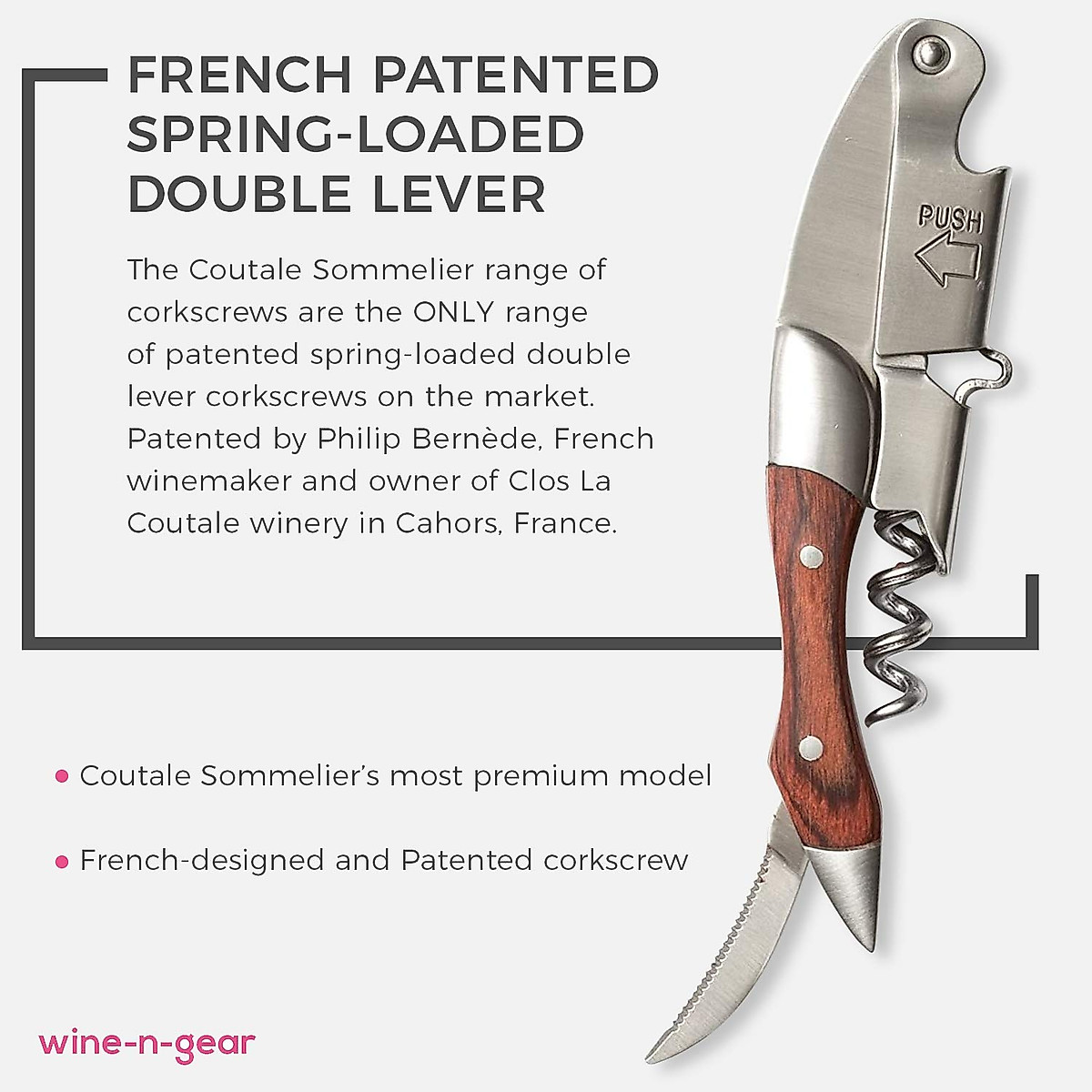 Prestige Waiters Corkscrew By Coutale Sommelier - Rosewood - Handmade and Sustainable Pinewood Crate - French Patented Spring-Loaded Double Lever Wine Bottle Opener for Bartenders and Gifts