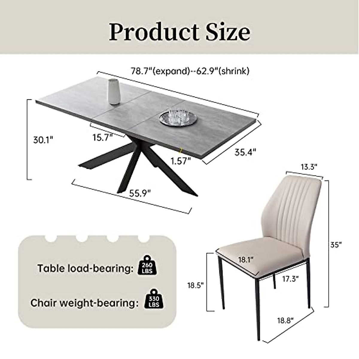 ZckyCine 6-8 People Modern Dining Table Rectangular Kitchen Space-Saving Expandable Metal Frame (Gray + 6 Beige Chairs)