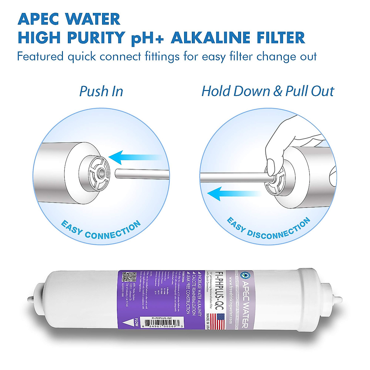 APEC Water Systems PHPLUSKIT-14 US MADE 10" Alkaline High Purity pH+ Calcium Carbonate Inline Filter Kit with 1/4" Quick Connect