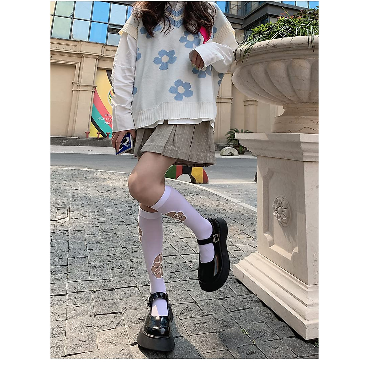 Sahabowi White Pearl Flower Handcraft Calf Socks For Women, Nylon Silk High Knee Stockings, Elastic Stretch Thin(HS2023042407white, 1pair)