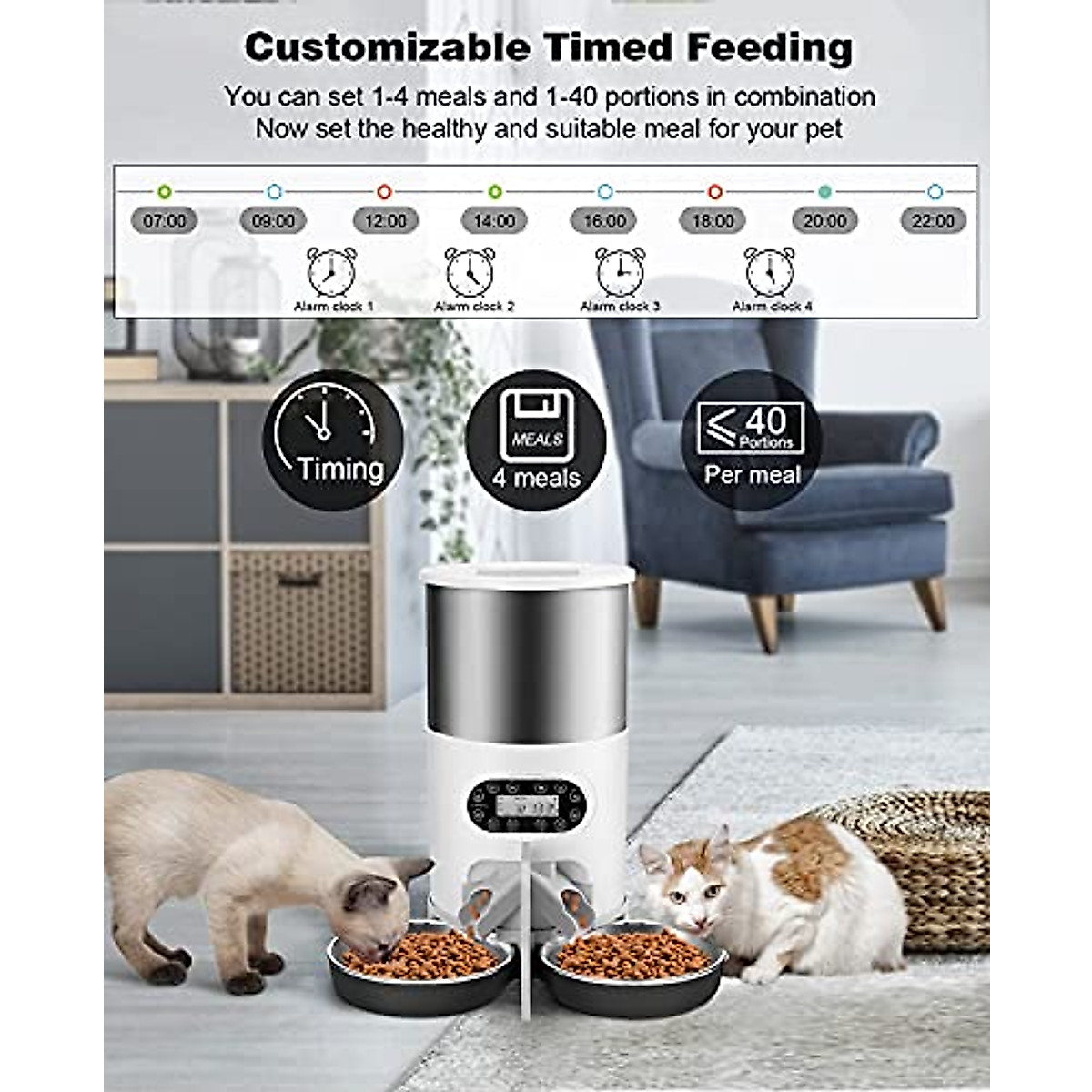 SLDPET Cat Feeder Automatic for 2 Cats 304 Stainless Steel Timed Cat Food Dispenser for Cats & Small Dog 4.5L with 2-Way Splitter with APP Control,10s Voice Recorder, Dual Power Supply