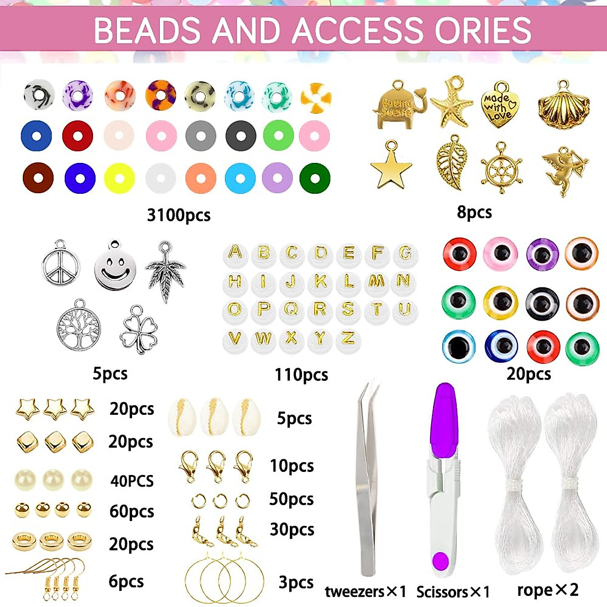 JOICEE 4400pcs Clay Beads for Bracelet Making Kit, Friendship Bracelet Beads Flat Preppy Beads for Jewelry Necklace Earring Making,Aesthetic Boho Clay Beads with Charms Gifts for Teen Girls Wemen.