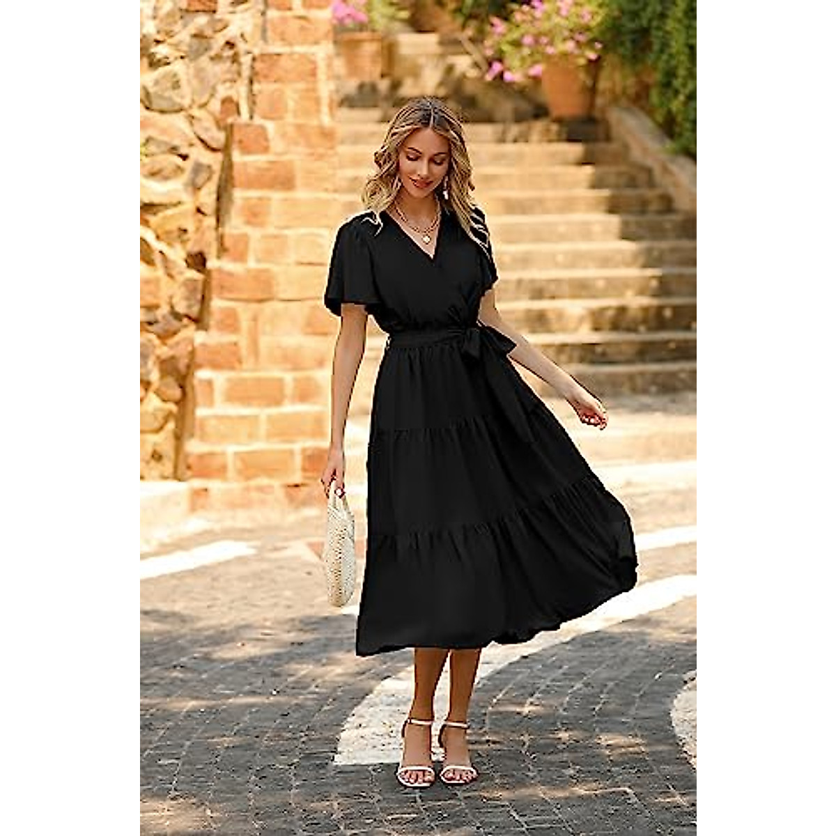 PRETTYGARDEN Summer Dresses for Women 2023 V Neck Wrap Short Sleeve Boho Midi Dress Tie Waist A Line Beach Sun Dresses (Black, Medium)
