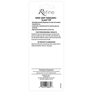 REFINE - Italy - Wide Grip Slant Tip Premium Tweezers, Stainless Steel, for Eyebrow Shaping and Tweezing Facial and Body Hair