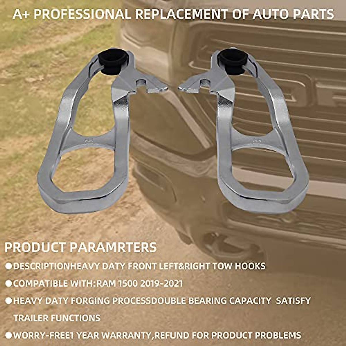 Dasbecan Heavy Duty Front Left & Right Chrome Tow Hooks Compatible with Ram 1500 2019 2020 2021 2022 Replaces# 82215268AB 68272945AB 68272944AB