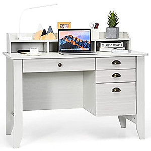 Tangkula White Desk with 4 Storage Drawers & Hutch, Home Office Computer Desk Vintage Desk with Storage Shelves, Wooden Executive Desk Writing Study Desk (White)