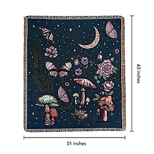tiowik Mushroom Butterfly Flower Moon Throw Woven Blanket with Tassel for Home Decoration Chair Couch Sofa Bed Beach Travel Picnic Cloth Tapestry Shawl Cozy Cotton (Navy Blue 63×51 Inches)
