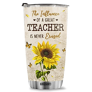 BECHUSKY Teacher Gifts, Teacher Gifts For Women, Teacher Tumbler, Teacher Sunflower Tumbler Teacher Influence Tumbler Great Teacher Is Never Erased Teacher Appreciation Women Christmas Birthday 20OZ