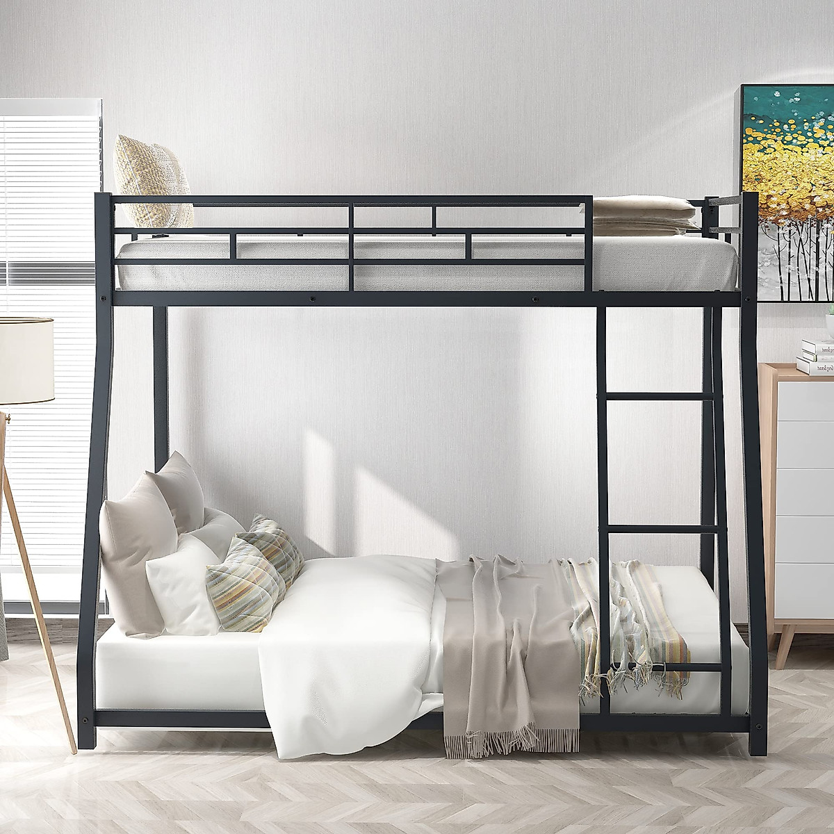 DreamBuck Metal Bunk Bed Twin Over Full, Heavy Duty Bunk Bed with Ladder & Safety Guardrail, Floor Bunk Bed for Kids Adults, Space-Saving, No Box Spring Needed,Black