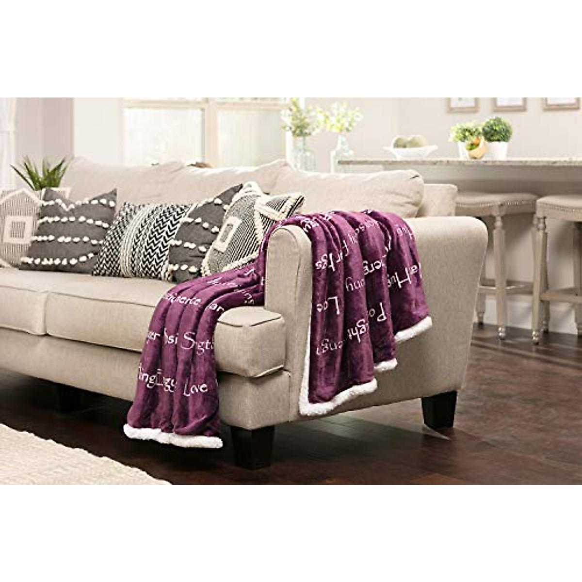 Chanasya 5-Piece Warm Hugs Positive Energy Healing Thoughts Comfort Caring Message Print Combo Gift Pack Throw Blanket, Neck Pillow, Eye Mask, Tote Bag, Socks - for Women Men Cancer Hospital Aubergine