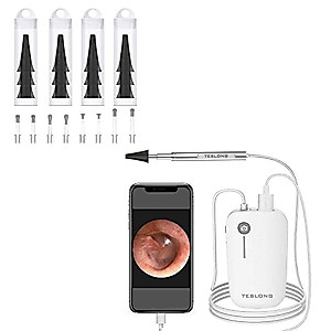 Teslong Otoscope Set with Disposable Covers, Ear Pick, 4.3mm HD Inspection Camera, 6 Adjustable LED Lights with Ear Wax Removal Tools, Works with iPhone, iPad & Android
