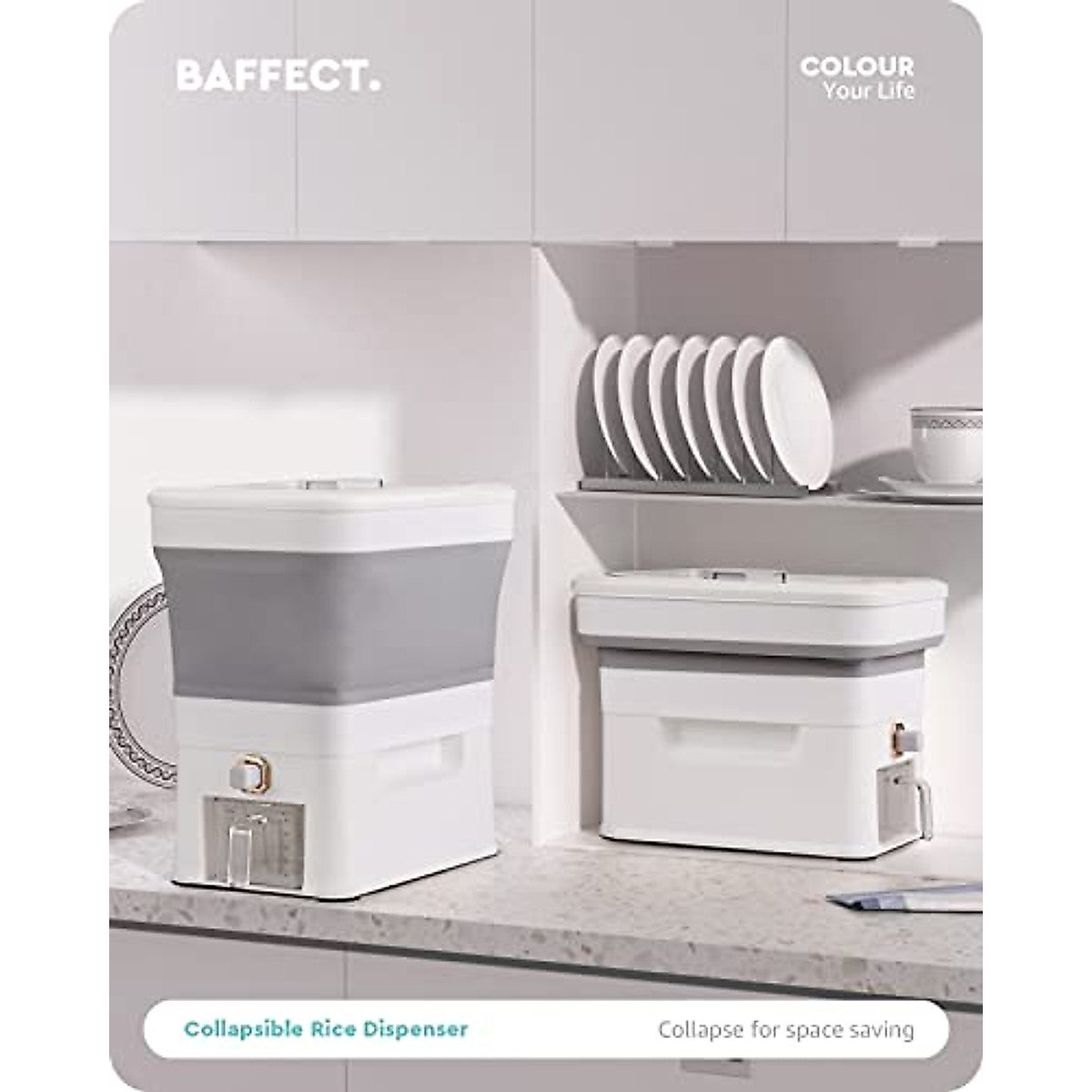 Baffect Rice Dispenser, Collapsible 10 to 25 Lbs Rice Food Storage Containers with Airtight Lid and Measuring Cup, Large Food Dispenser Kitchen Organization for Rice, Beans, Grains, Corn