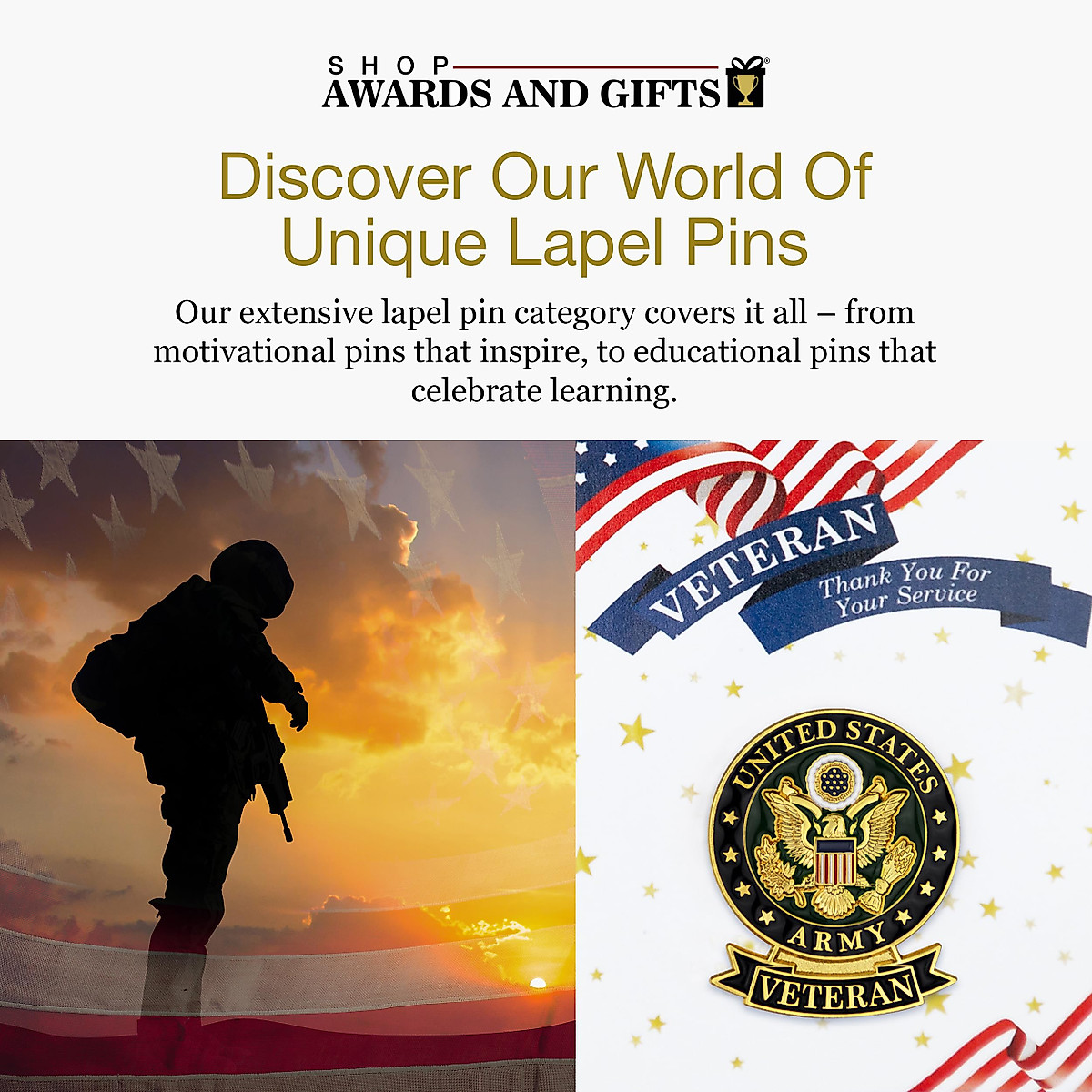 SHOP AWARDS AND GIFTS United States US Army Veteran Lapel Pin, Retirement and Service, 1-1/8 inch, 1 Pack