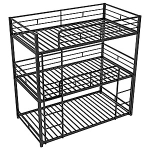 Triple Bunk Beds, Twin Over Twin Over Twin Metal Bunk Bed for Kids, Teens, Adults, Girls, Boys, Black