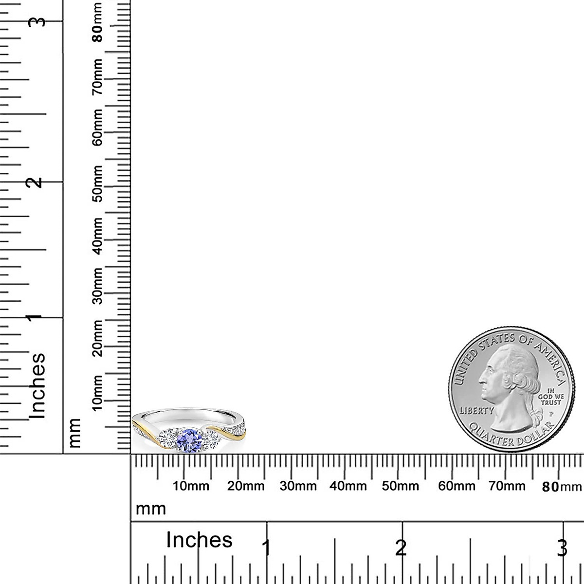 925 Sterling Silver and 10K Yellow Gold Blue Tanzanite and White Lab Grown Diamond 3 Stone Engagement Ring For Women (0.53 Cttw, Gemstone December Birthstone, Available In Size 5, 6, 7, 8, 9)