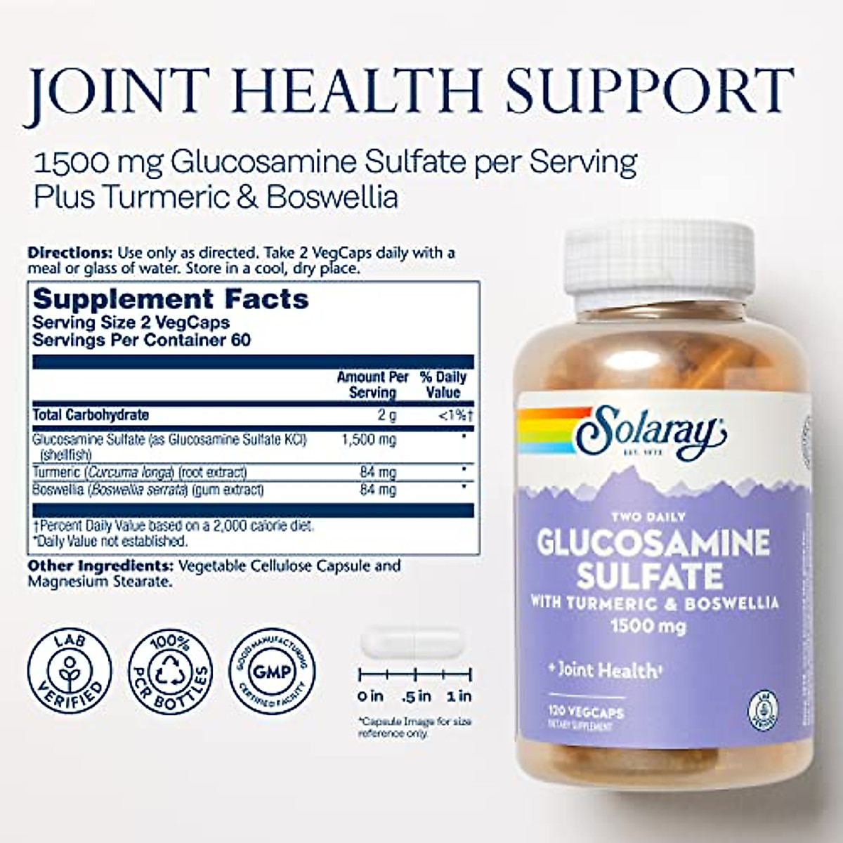 SOLARAY Glucosamine Sulfate 1500 mg, 2 Daily | Healthy Joint Support with Turmeric & Boswellia (60 Serv, 120 CT)