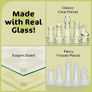 Srenta Fine Glass Chess Set Game, Modern Clear Chess Set, Deluxe Chess Set Glass Chess Board Set with Solid Clear & Frosted Chess Glass Pieces | 9.7’’ Crystal Chess Boards Sets, Felt Padding Included