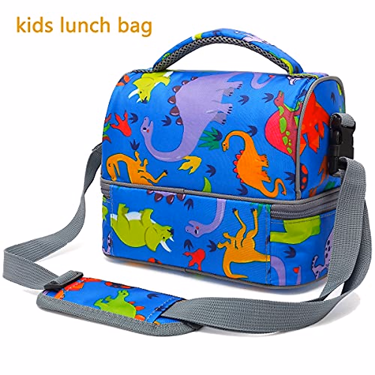 FlowFly Kids Double Decker Cooler Insulated Lunch Bag Large Tote for Boys, Girls, Men, Women, With Adjustable Strap, Dinosaur