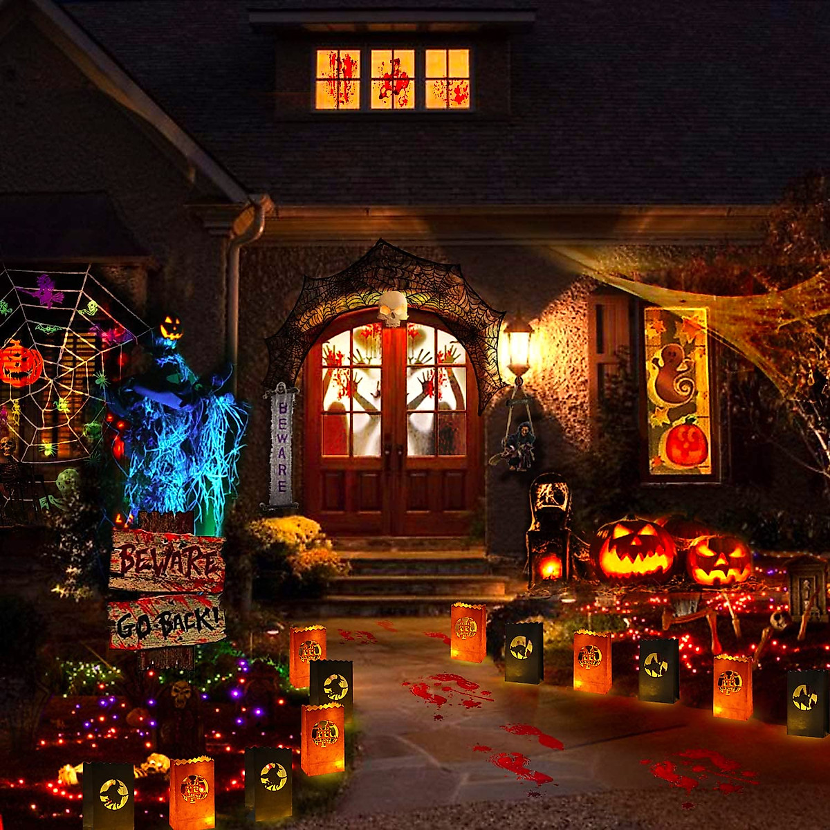 Stmarry 48 pcs Halloween Luminary Bags, Flame Resistant Luminaries, Orange and Black Tea Light Candle Bags - Witch, Black Cat Silhouette Decorations & Party Lanterns