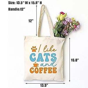 TSIIUO Women's I Like Cats and Coffee Canvas Tote Bag Cute Graphic Pet Lover Gift Funny Caffeine Reusable Shopping Bag White