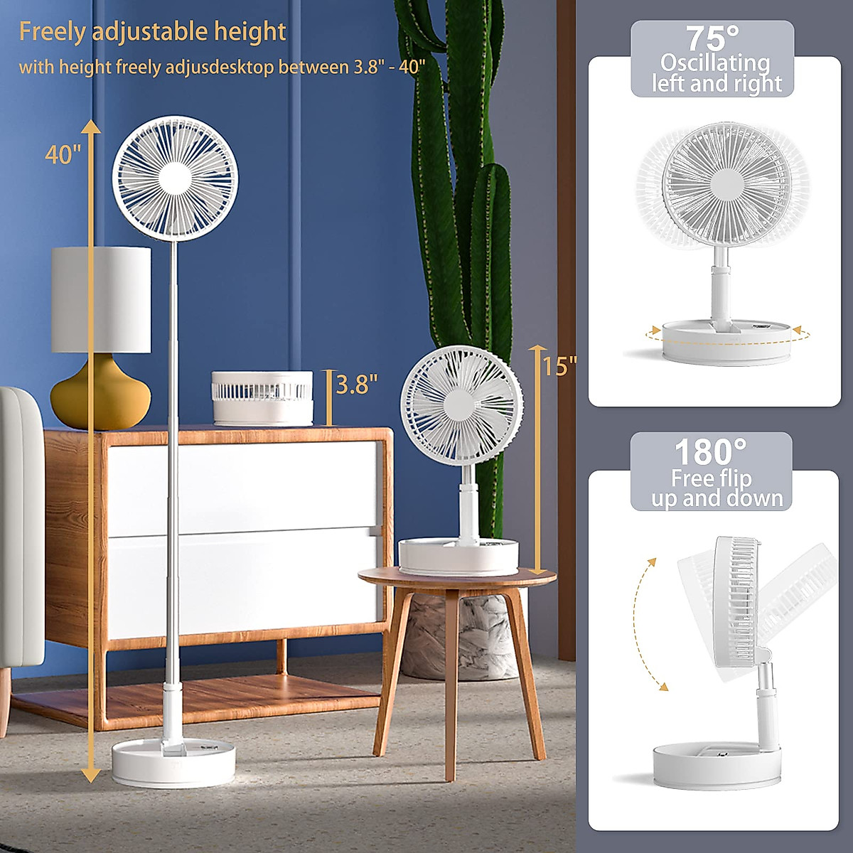 Greheywos 8 inch cordless folding fan / table fan, 75-Degree Automatic oscillating, Adjustable in height and angle, 4 kinds of wind speed adjustment, 7200mAh battery, With remote control and timing function, ultra-quiet, Cordless Pedestal Fans for home, c
