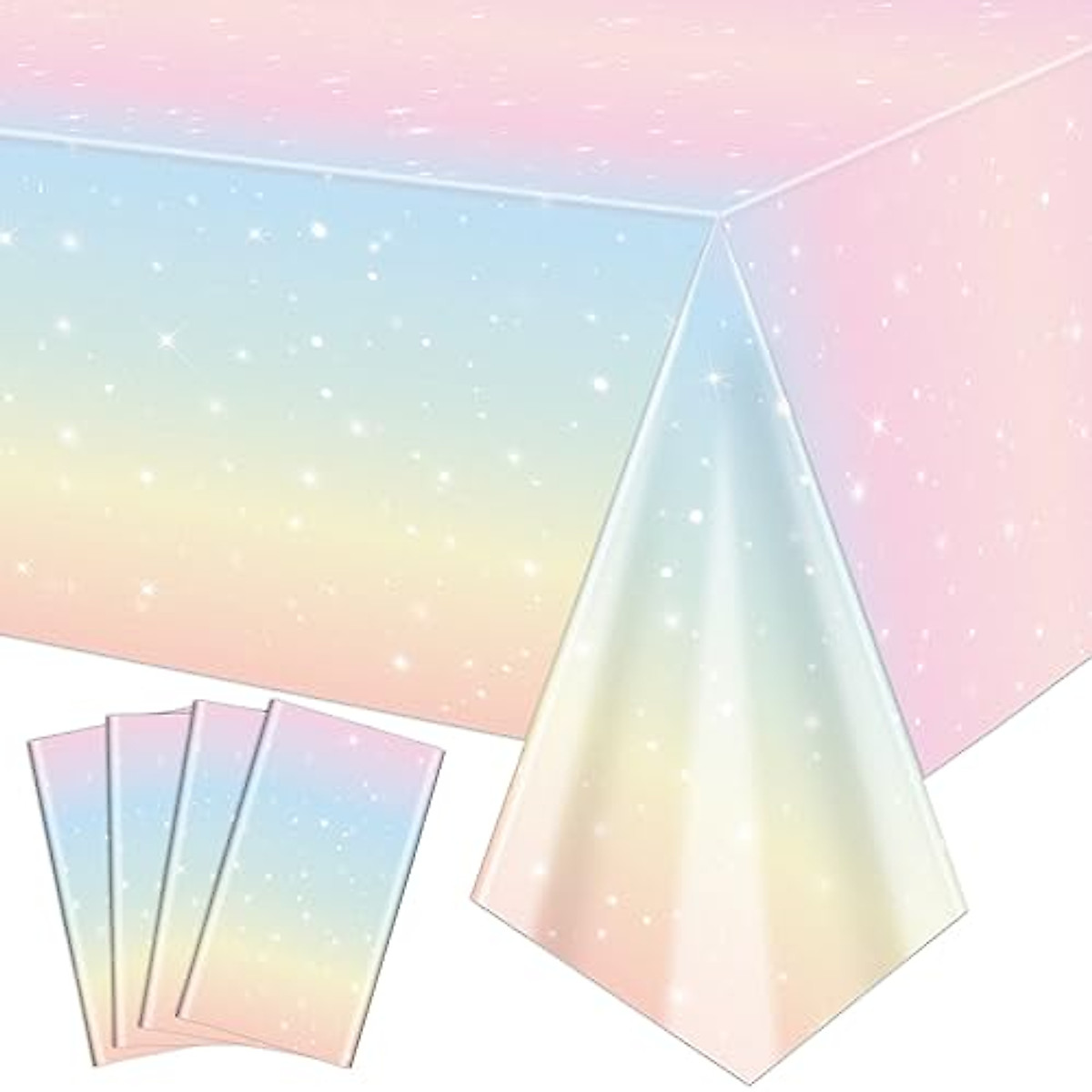 QUERICKY 4 Pack Pastel Rainbow Tablecloths, 51x87'' Plastic Disposable Rectangle Pastel Rainbow Table Cover for Girls Rainbow Birthday Party Decorations Baby Shower Party Supplies