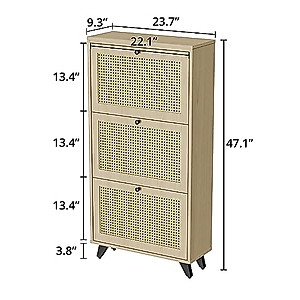 Cozy Castle Rattan Narrow Shoe Cabinet with 3 FILP Drawers, Freestanding Shoe Storage Organizer, Modern Shoe Organizer Cabinet for Entryway, Oak