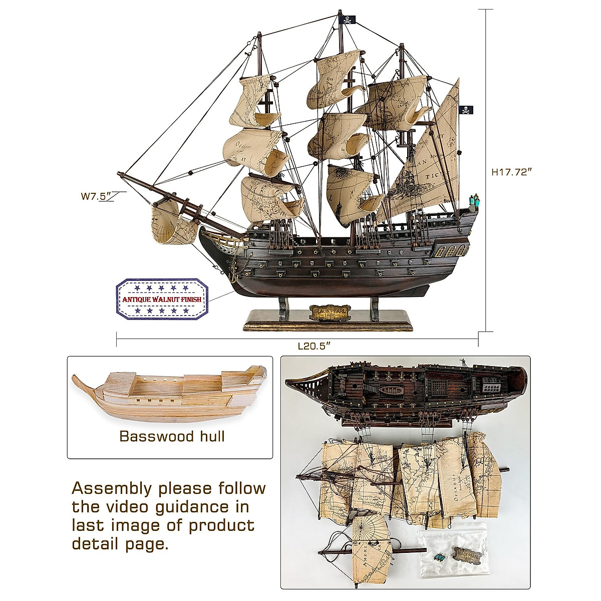 SAILINGSTORY Wooden Pirate Ship Model Black Pearl Model Ship Sailboat Decor Sea Chart Sails 20.5"