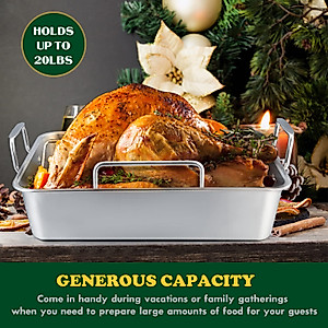 Roasting Pan, E-far 16 x 11.5 Inch Stainless steel Turkey Roaster with Rack - Deep Broiling Pan & V-shaped Rack & Flat Rack, Non-toxic & Heavy Duty, Easy Clean & Dishwasher Safe - Large