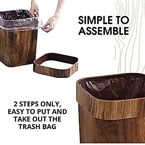 Square Waste Bins Hipsteen Retro Style Pressing Ring Plastic Trash Can Household Office Mimetic Wood Grain Garbage Bin Kitchen Outdoor Bedroom Bathroom Office Commercial Bin Waste Square Waste Basket