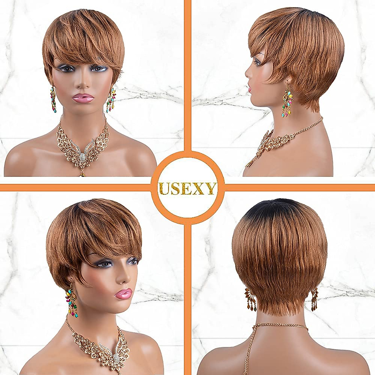 Usexy Hair Short Human Hair Pixie Cut Wigs Brazilian Straight Hair Wigs for Black Women Human Hair Wig With Bangs OT30 Color