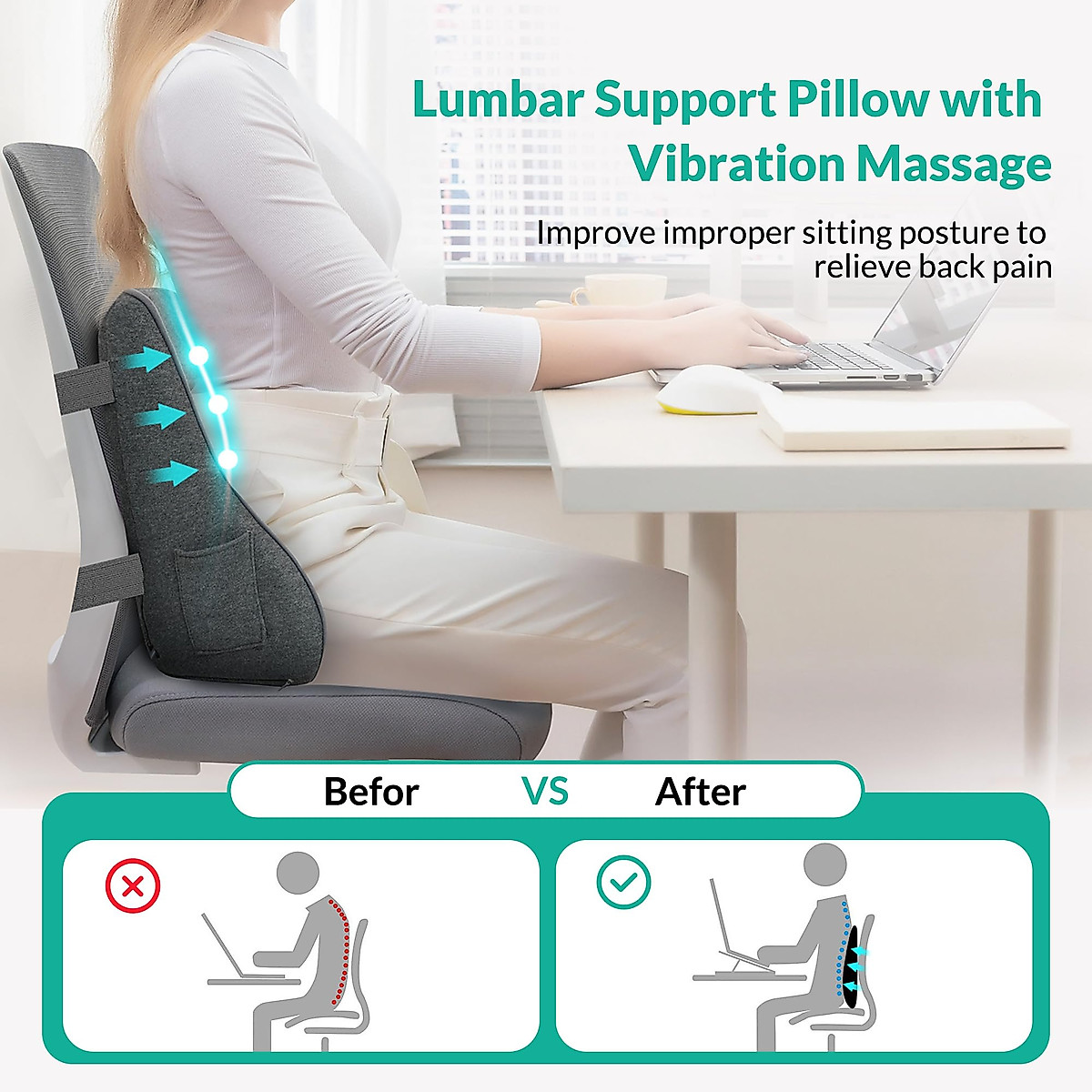 Snailax Heated Lumbar Support Pillow for Office Chair, Back Support Pillow for Car, Adjustable Heat and Vibration, Ergonomic Back Cushion, Improve Posture & Pain, Lower Back Massager,Gifts