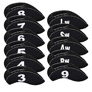 BIG TEETH Golf Iron Head Covers 11Pcs Neoprene Golf Club Protector Flexible with Window and Number Tag Multi Color (All Black)