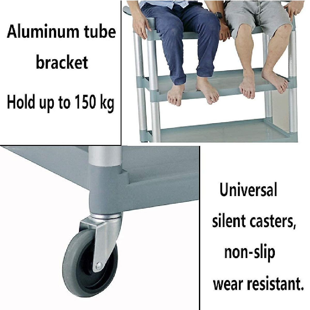 INDYAH Movable Trolleys, Household Serving Cart Commercial Tableware Collection Car, 3-Tiers Storage Hand Trucks, with Wheels and Handle, Plastic Hotel Collecting Dining Car/Gray/Large