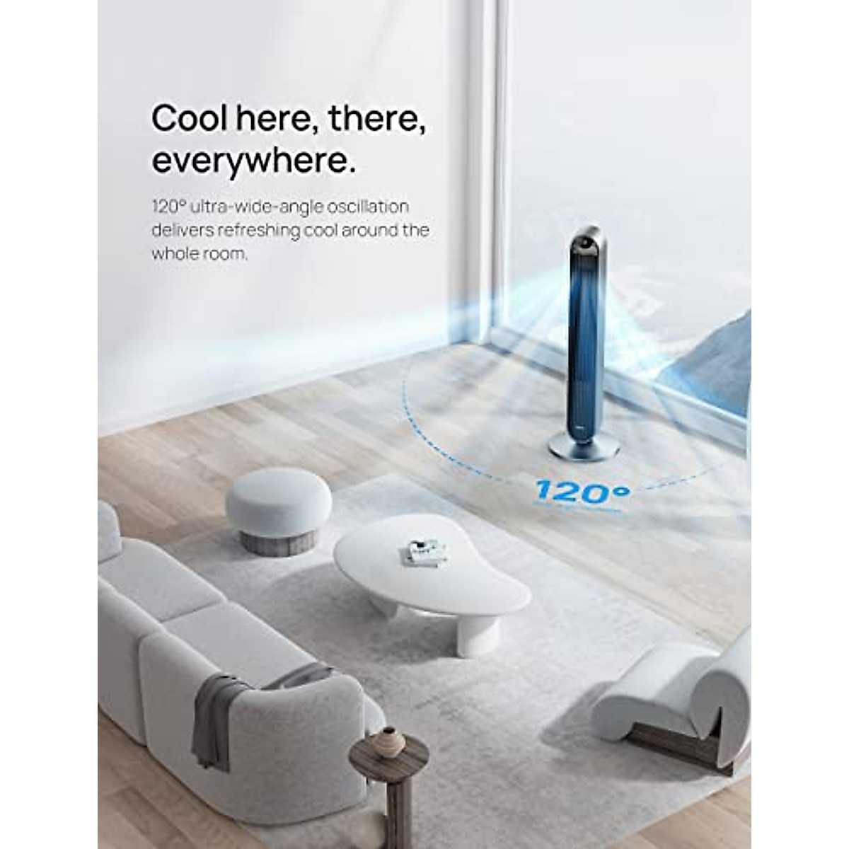 Dreo Pilot Max 120° Oscillating Tower Fan, 42 Inch Bladeless Fan & Tower Fan with Remote, 42 Inch Oscillating Bladeless Fan with 6 Speeds, 3 Modes, LED Display, Quiet Indoor Standing Fans