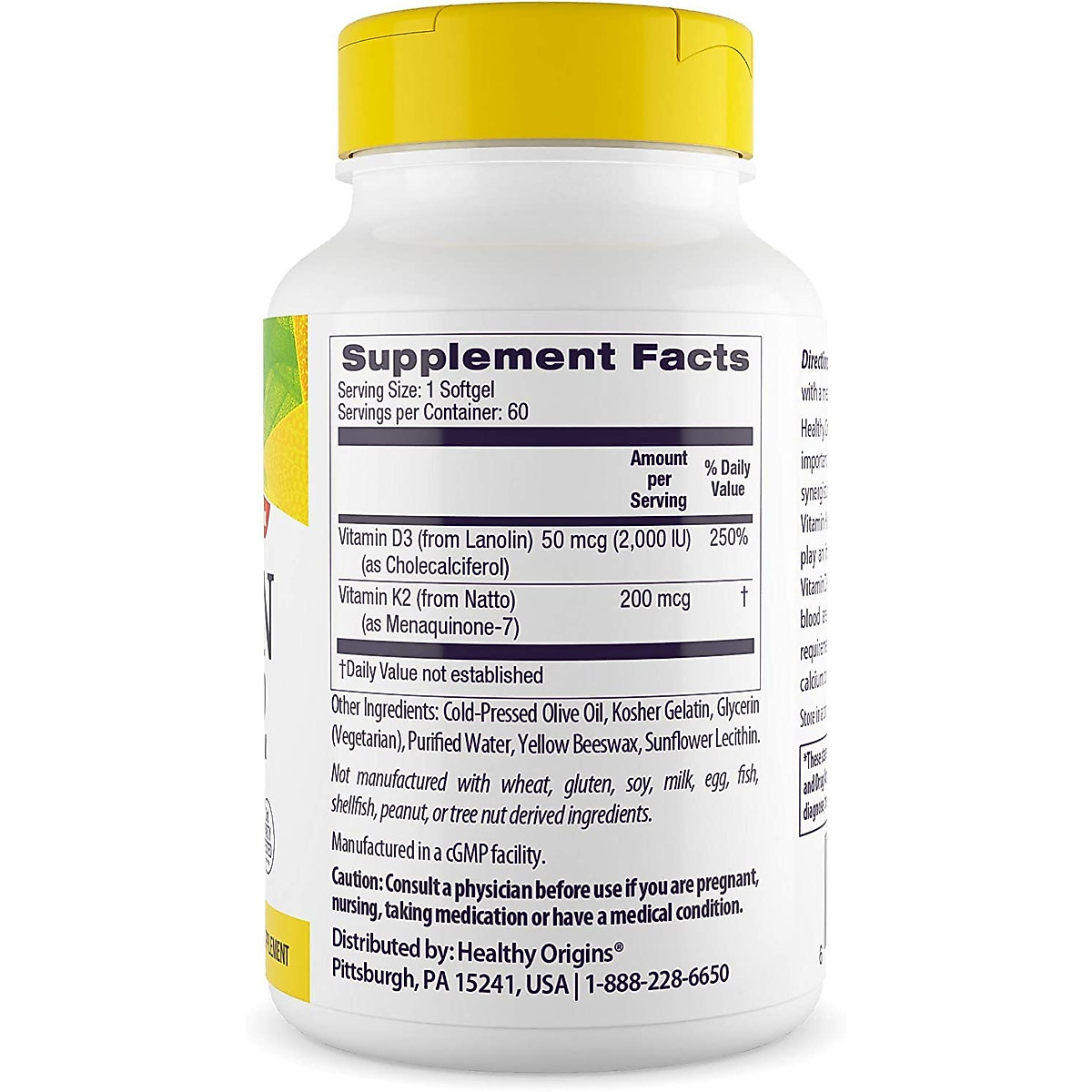 Healthy Origins Vitamin D3 & K2 - Vitamin D3, 50 mcg - Vitamin K2, 200 mcg - Easily Absorbable Vitamin D & Vitamin K Supplements - Non-GMO & Gluten-Free Supplements - 180 Softgels