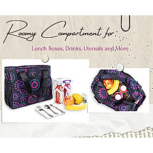 Pursetti Insulated Lunch Bag for Women-Reusable Large Lunch Tote Bag with Water Bottle Holder & Leak-Proof Lining for Work or Travel-Carry by Hand, On the Shoulder or Crossbody (Purple Circle)