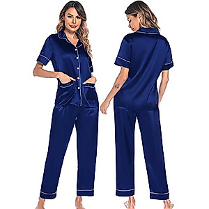 SWOMOG Women's Satin Pjs Set Two Piece Lounge Set Button Down Sleepwear Silk Pajamas Navy Blue